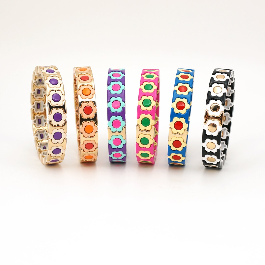 Rainbow Color Flower Enamel Tile Bracelet, 1cm Wide Stretchy Colorblock ...