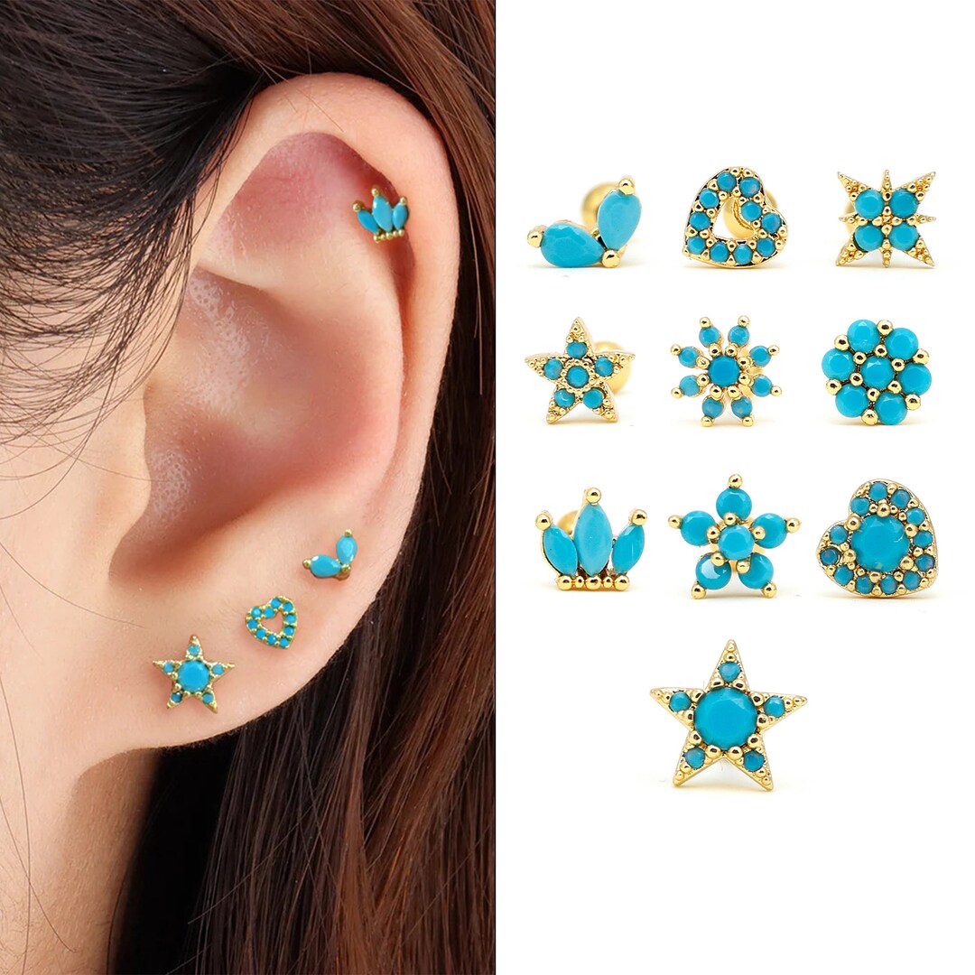 Tiny Turquoise Conch Stud Earring, 20G Boho Barbell Tragus Stud ...