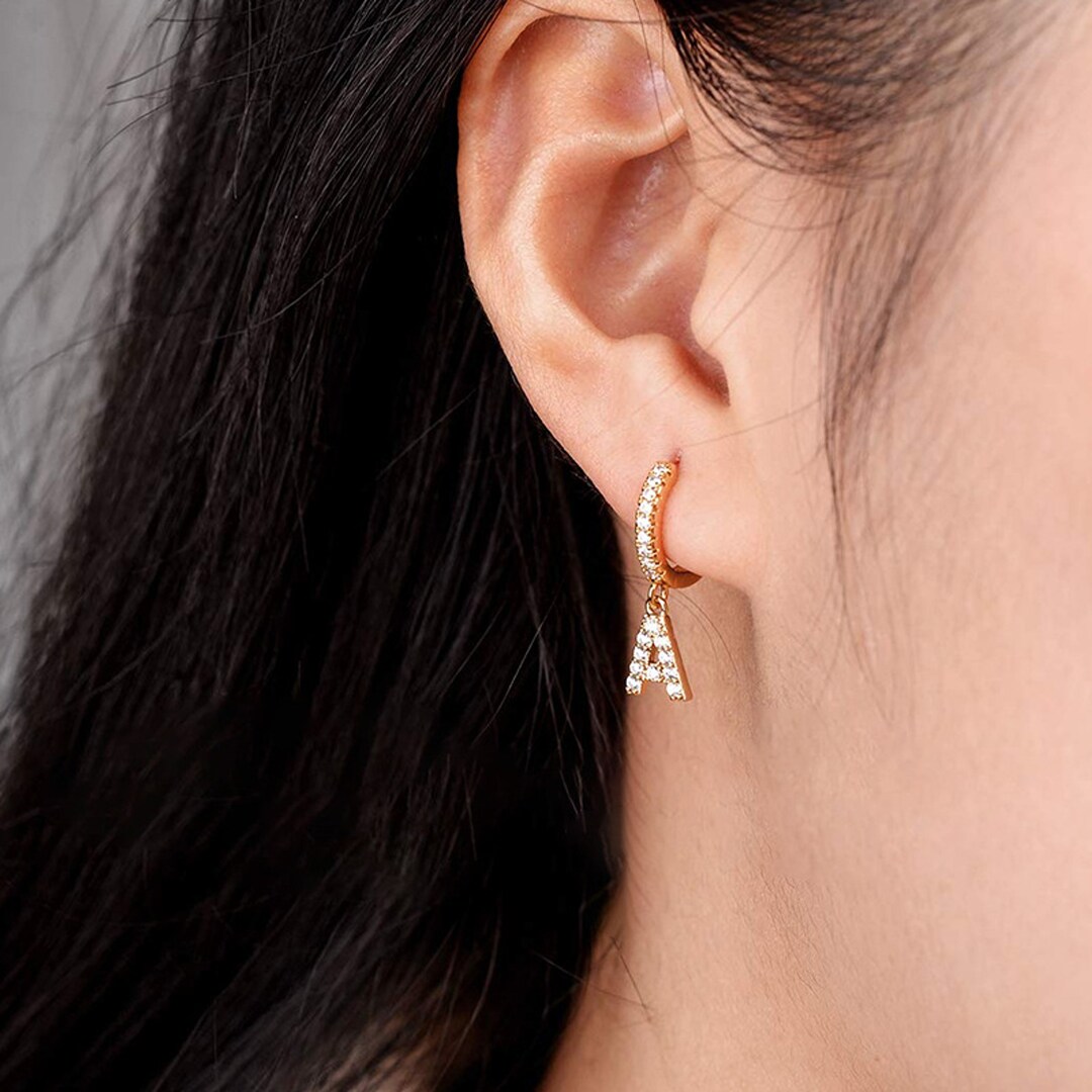 Dainty CZ Initial Dangle Hoop Earrings, 18k Gold-plated Huggie Hoop ...