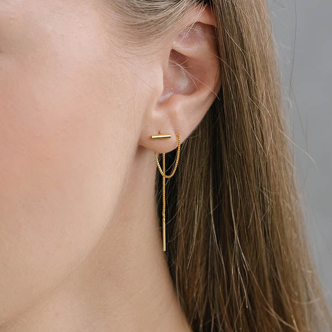 Fashion Bar Chain Threader Earrings, 18K Gold Plated Wire Bar Earrings ...