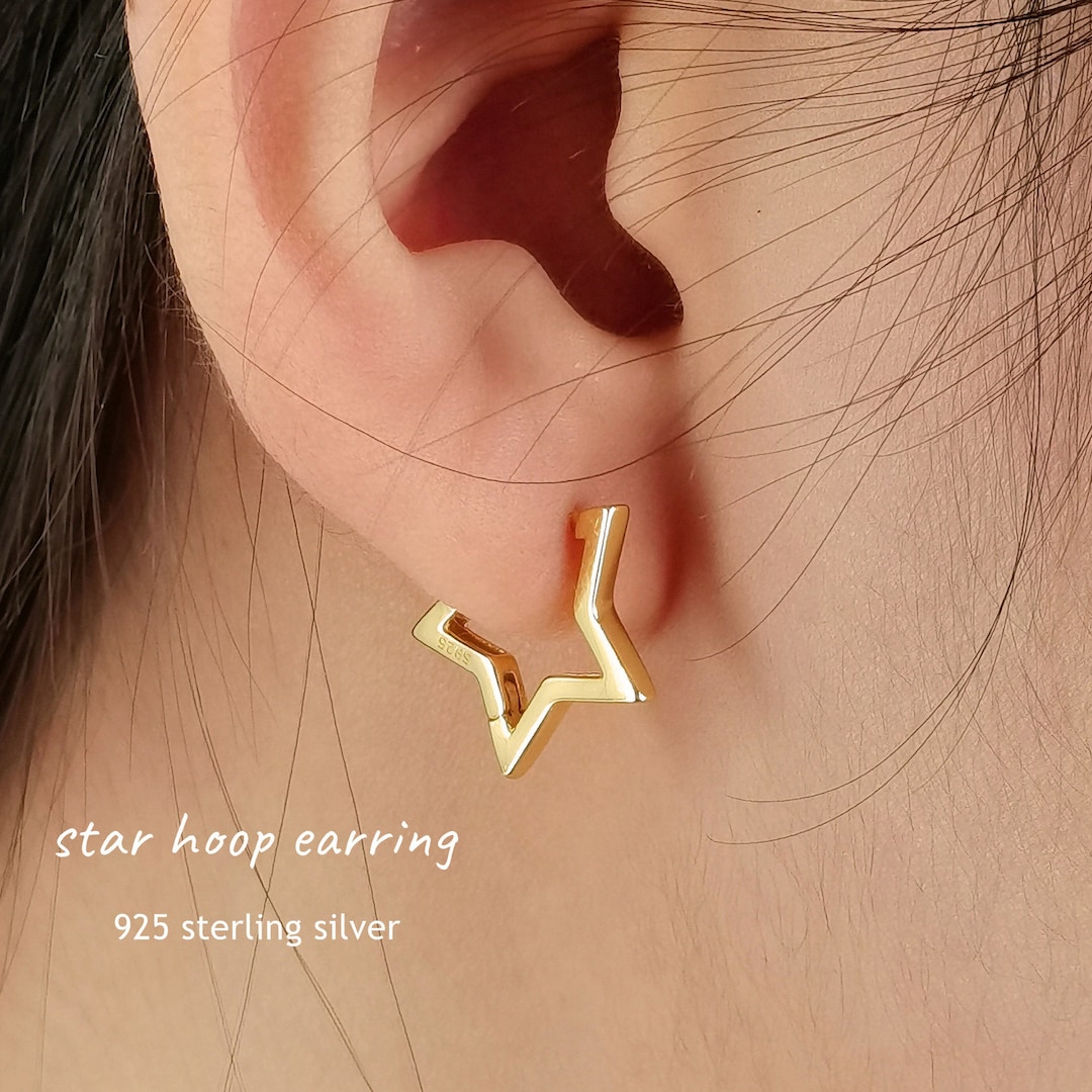 925 Sterling Silver Star Hoop Earring, 14K Gold Plated Star Huggie ...