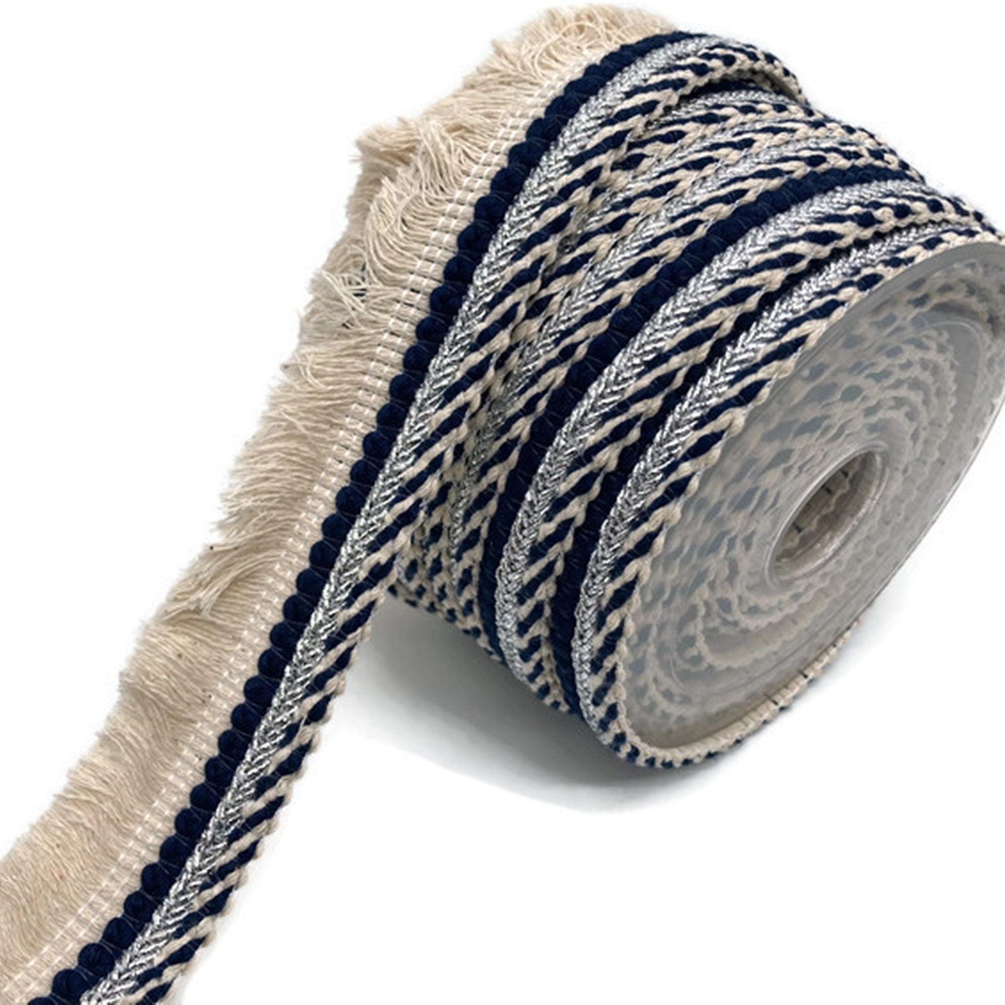 33 Mm White Fringe Trim With Navy Blue Silver Cord/ethnic Trim/bohemian ...