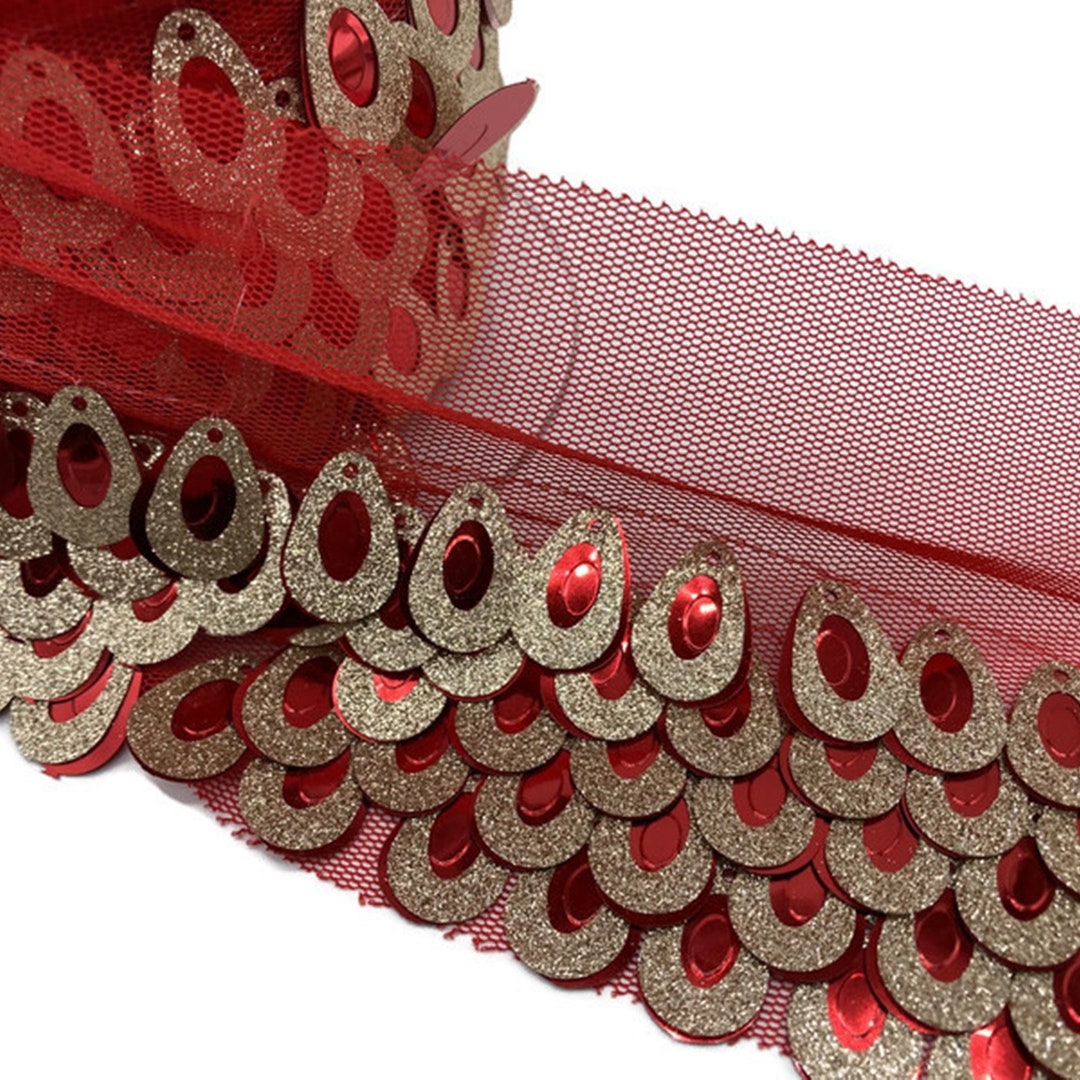 Red Sequin Lace Trim: Sparkle Swirl Embellishment - Etsy