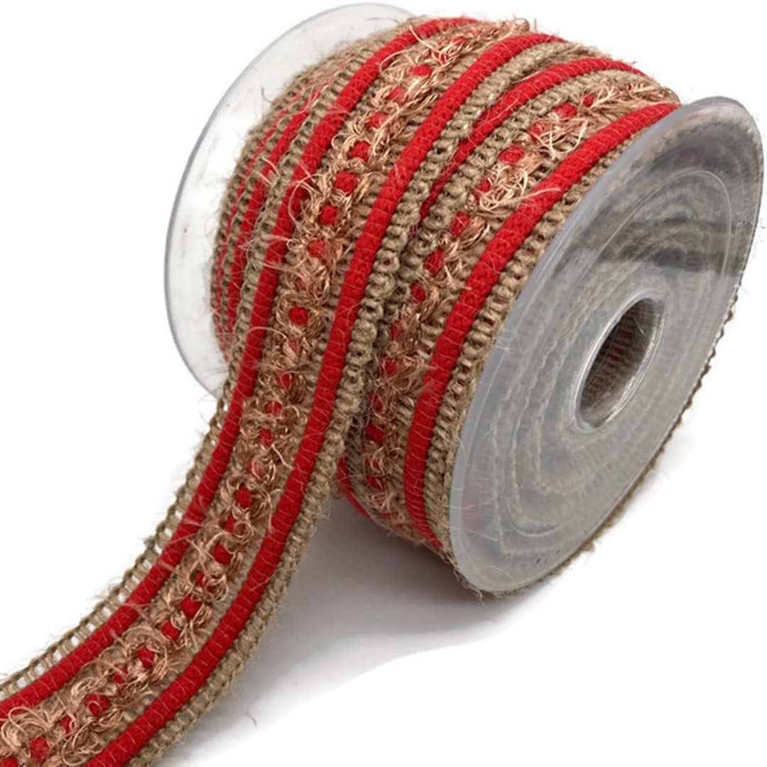 33 Mm Natural Jute Trim/red Cotton Striped/burlap Ribbon/rustic Jute ...