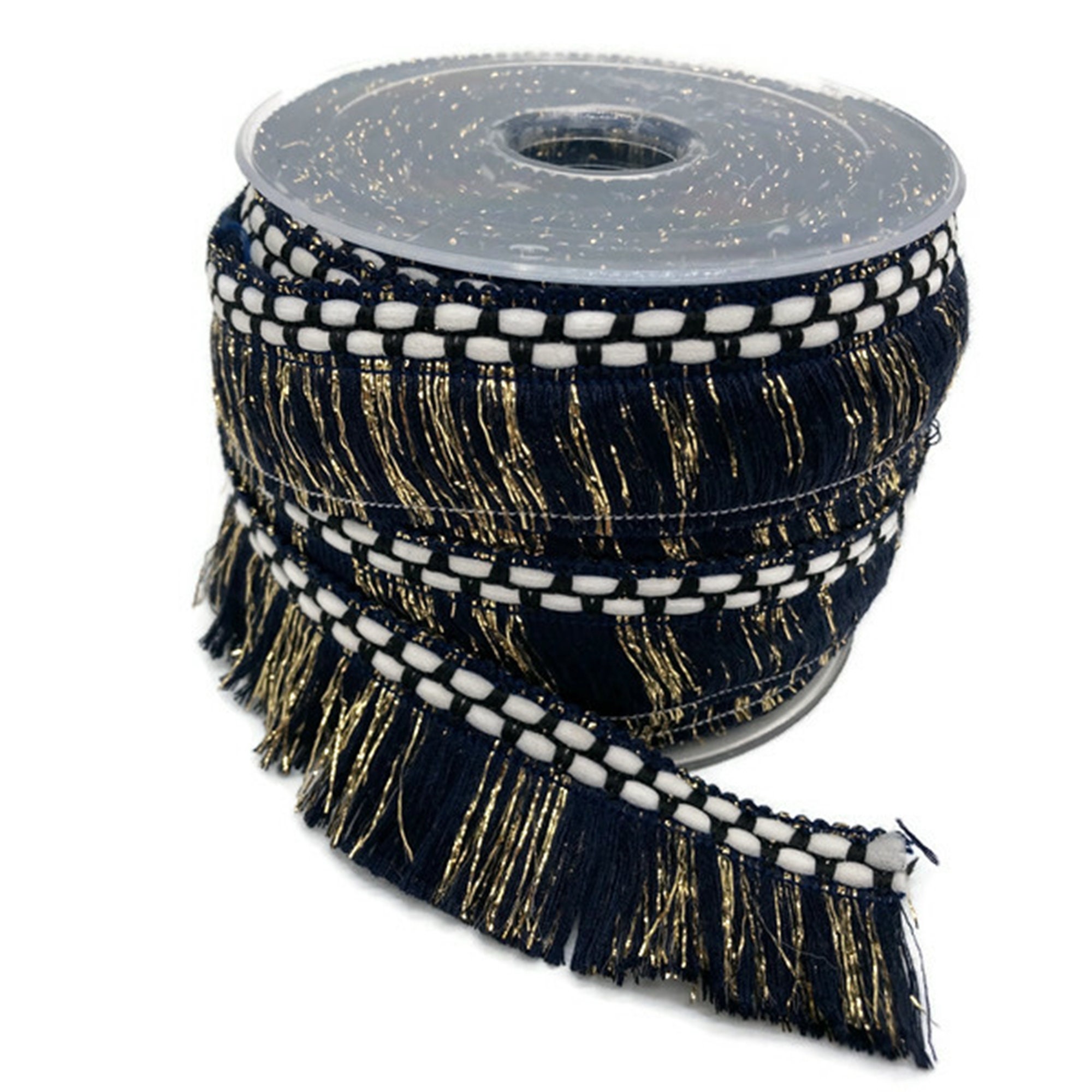 33 Mm Navy Blue Gold Fringe Trim With White Cotton Point/gold Fringe ...