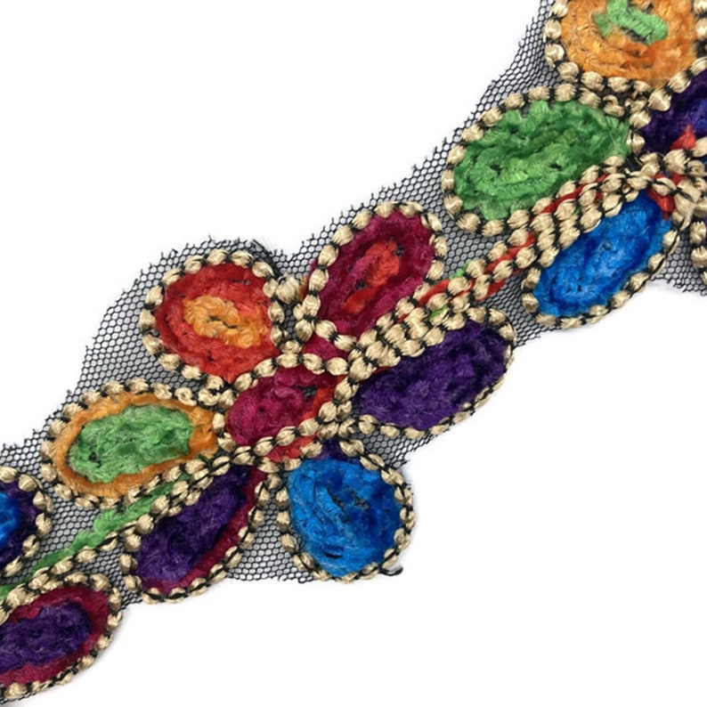 Hippie Floral Rainbow/ Embroidered Ethnic Trim on the Black Lace ...