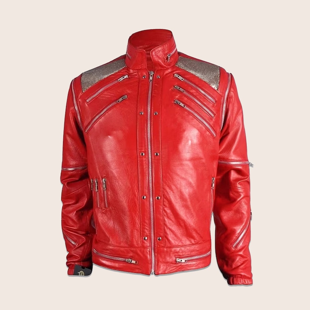 Men's MJ Inspired Beat It Red Leather Jacket Handmade Cosplay Red MJ ...