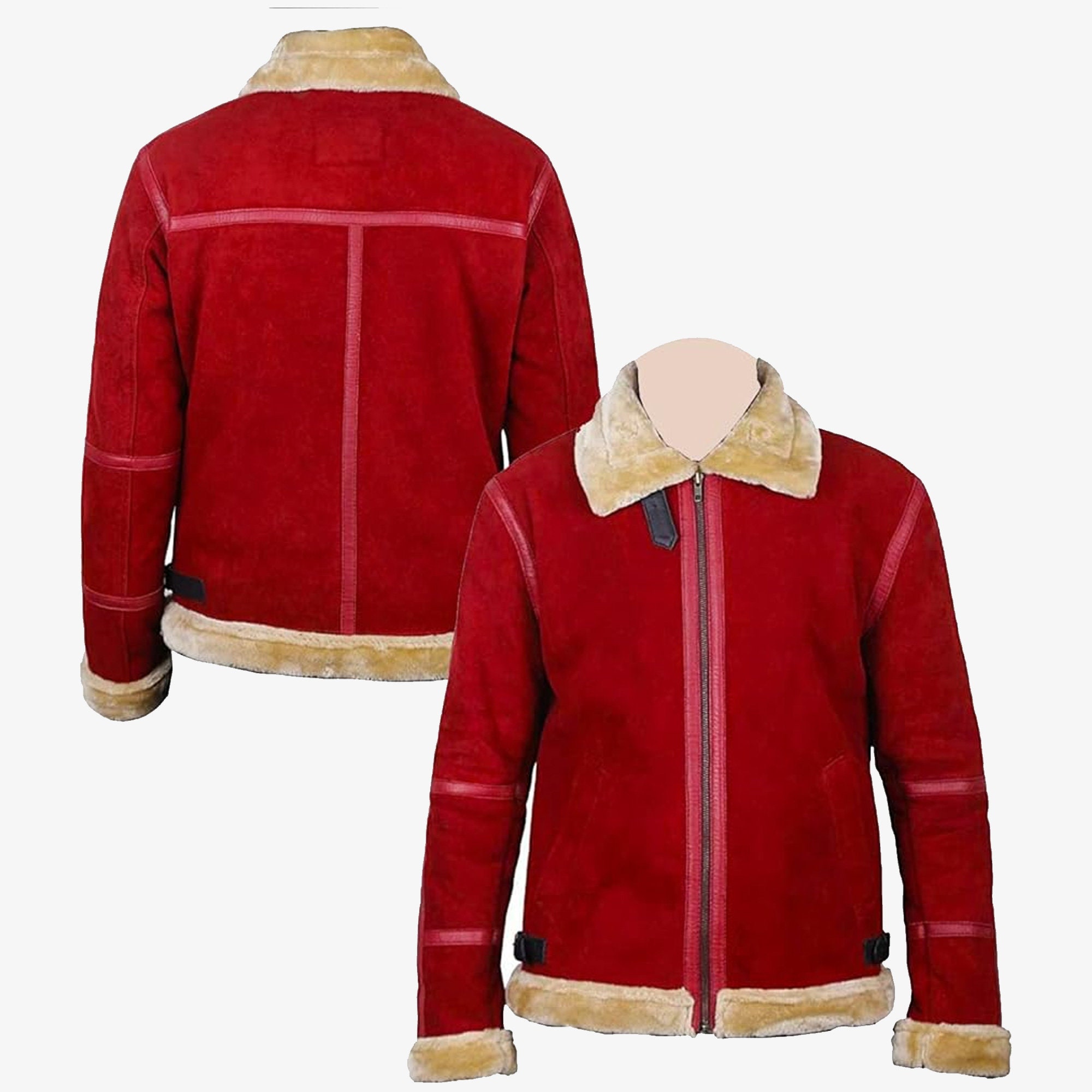 Mens Shearling Red Suede Christmas Santa Jacket Handmade Ryan R Leather ...