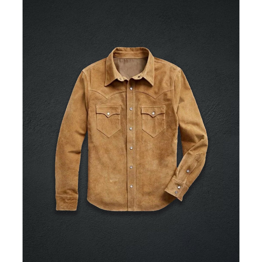 Premium Biker Cowboy Suede Leather Shirt, Handmade Brown Trucker Suede ...