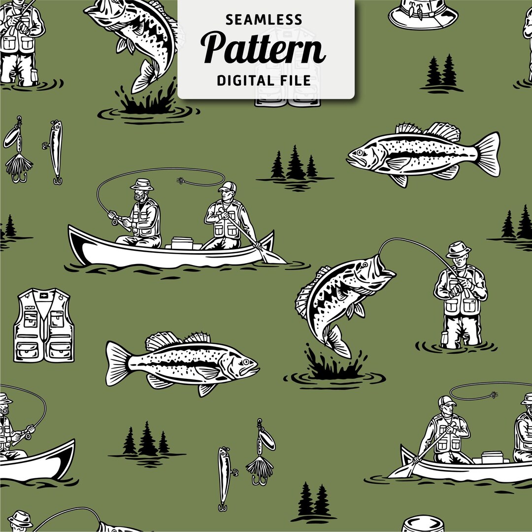 Fishing Seamless Pattern: Bass, Canoe, Pine Trees (JPEG File) - Etsy