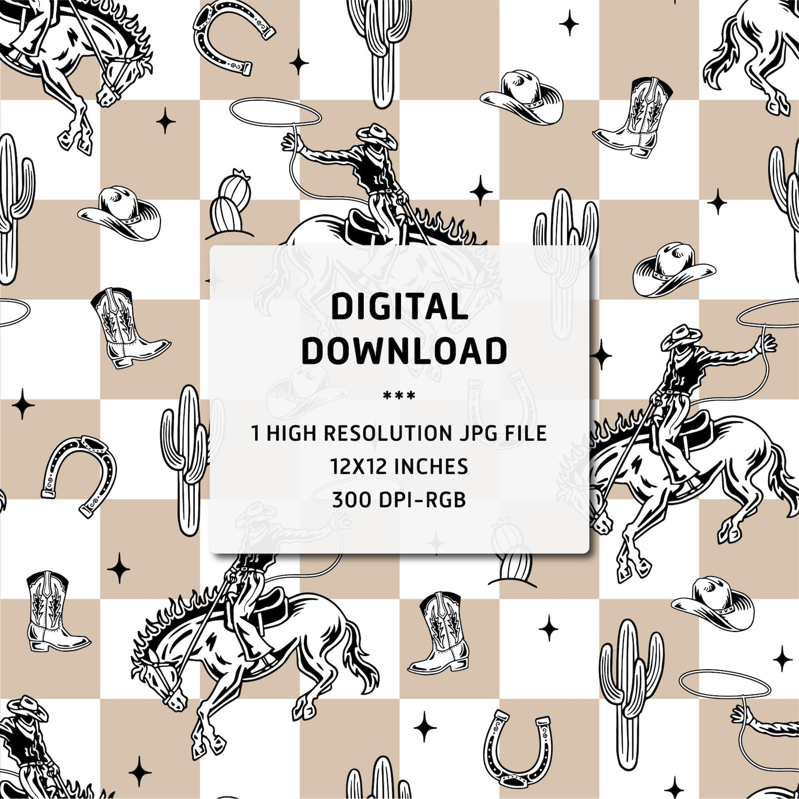 Cowboy Seamless Pattern: Western Cactus Repeat Design (digital Download ...