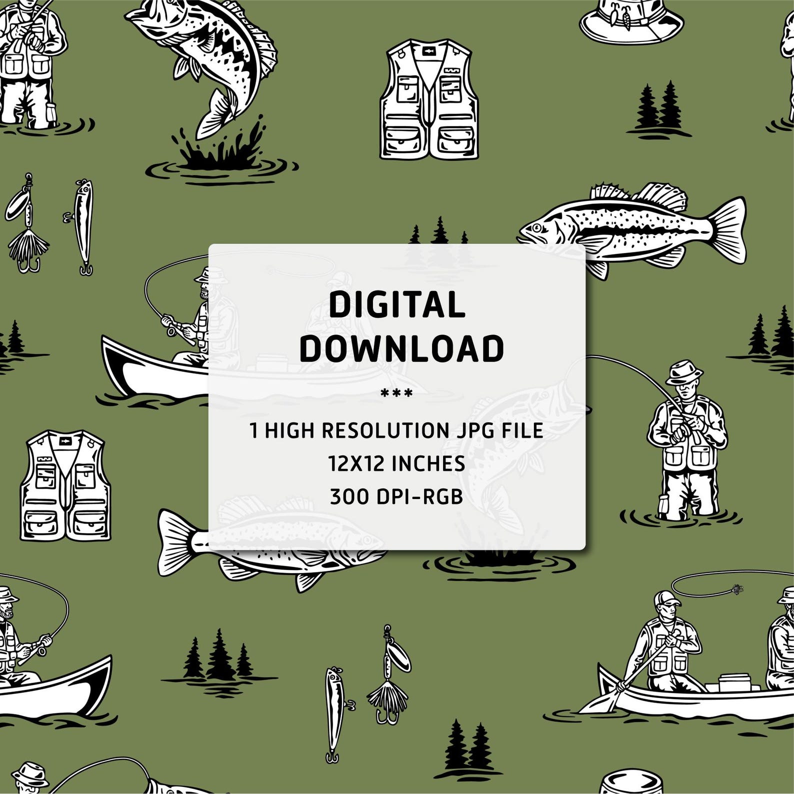 Fishing Seamless Pattern: Bass, Canoe, Pine Trees (JPEG File) - Etsy