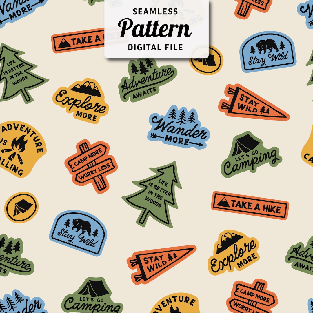 Camping Badges Seamless Pattern: Outdoor Adventure Design (JPEG Digital ...