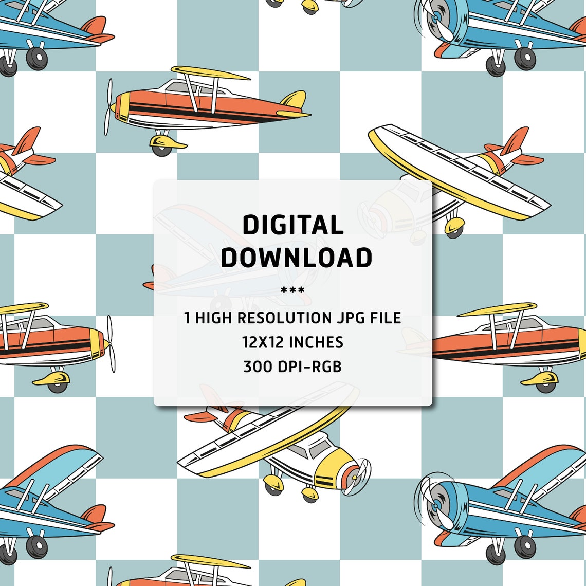 Checkered Airplane Seamless Pattern: JPEG Digital File (12x12 Inches ...