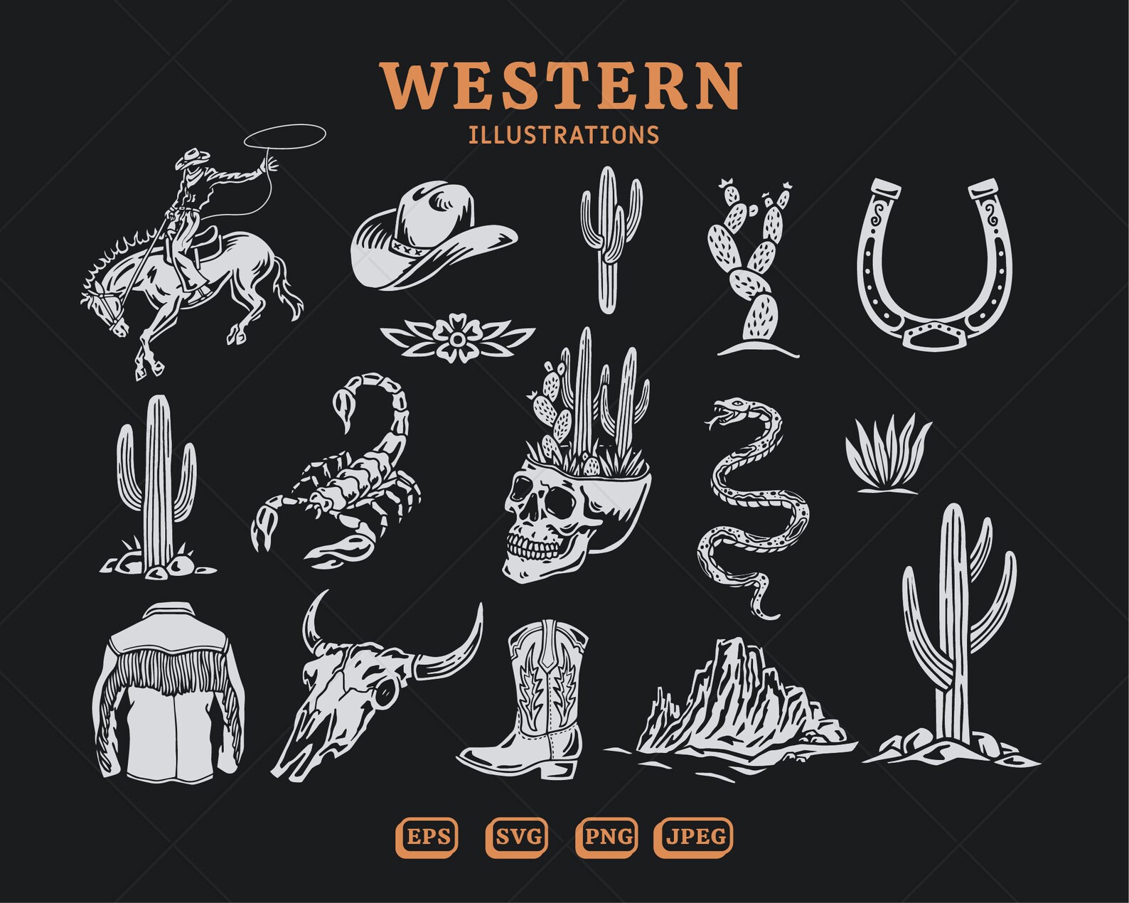 Western Vector Illustrations, Cowboy, Skull, Cactus, Cow Head, Instant ...