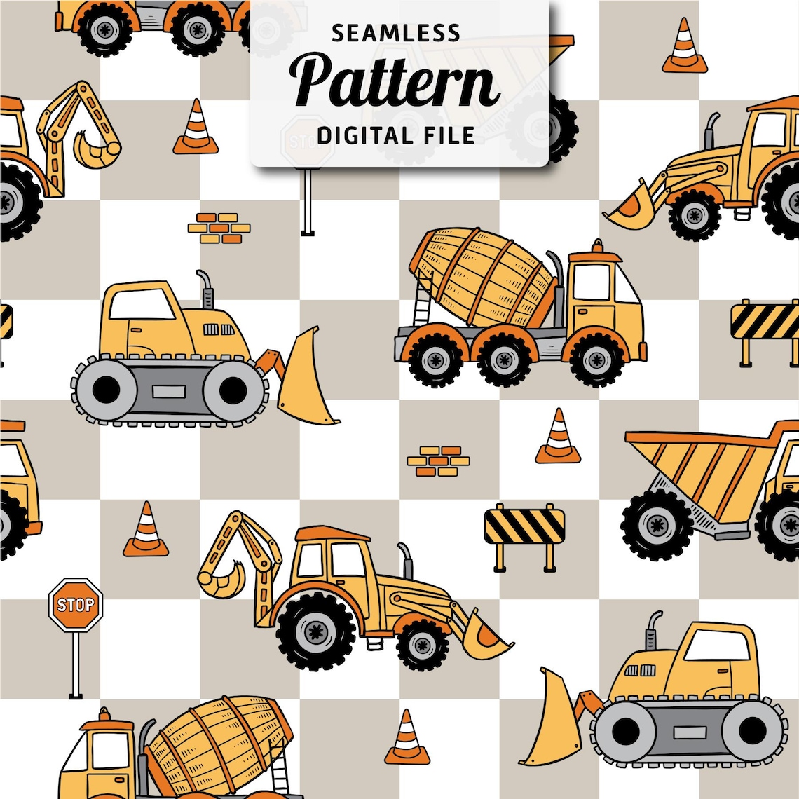 Construction Vehicle Seamless Pattern: Checkered Excavator Design ...