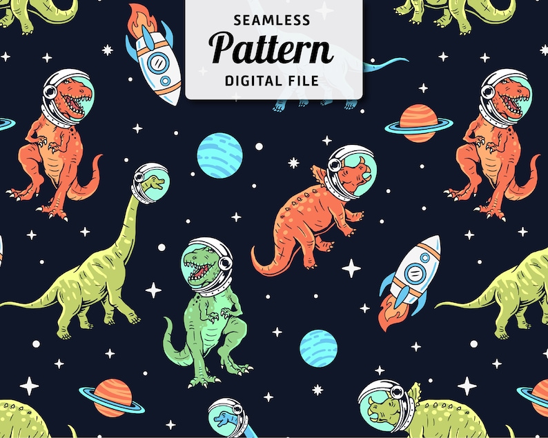 Dinosaurs in Space Seamless Pattern: Hand Drawn Repeat Design (digital ...