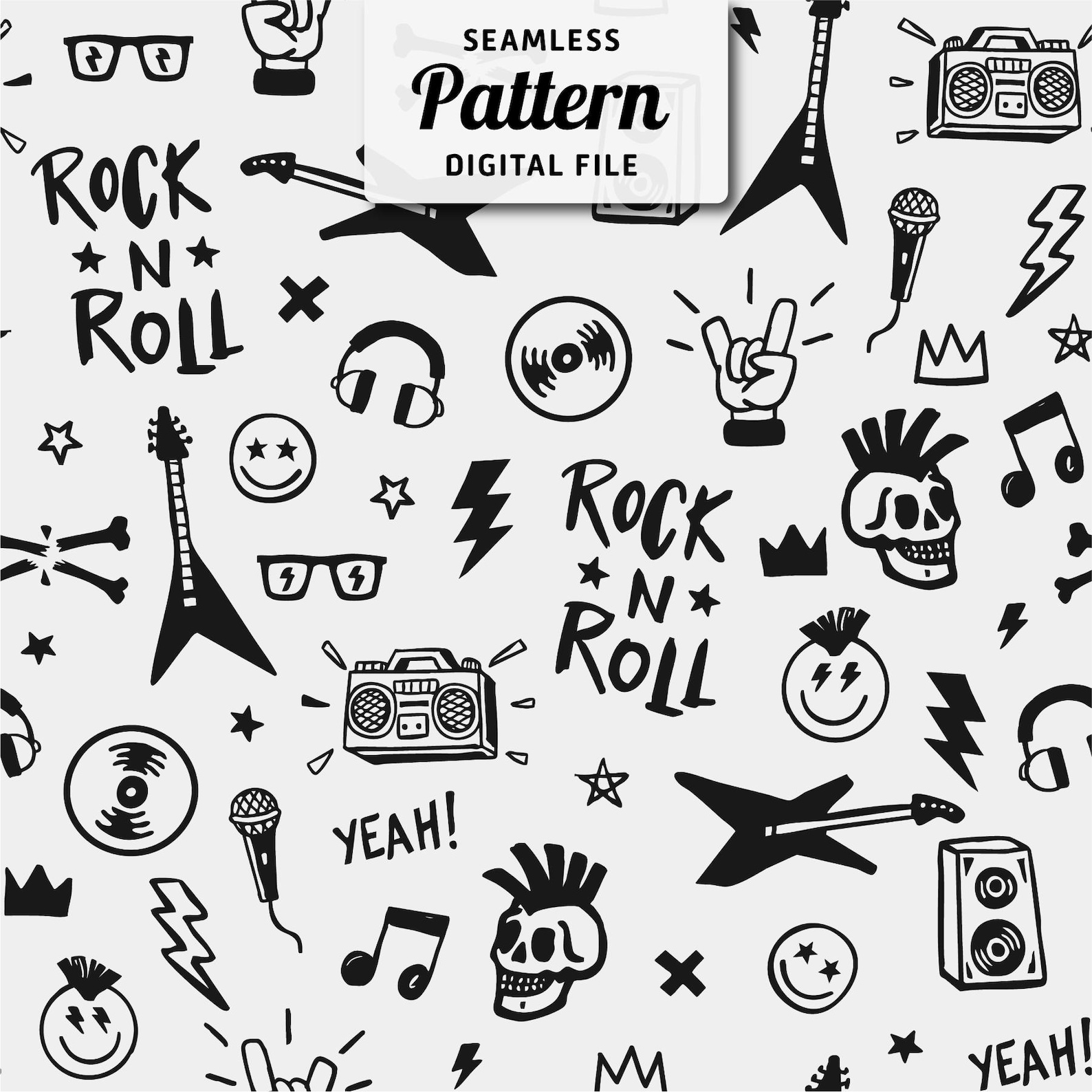 Rock and Roll Seamless Pattern: Hand Drawn Music Design (digital File ...