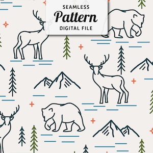 Bear and Deer Seamless Pattern: Mountain Digital File (10x12 Inches) - Etsy