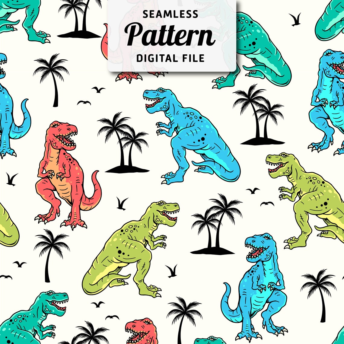 Colorful Dinosaurs Seamless Pattern: Summer Trex Design (digital File ...