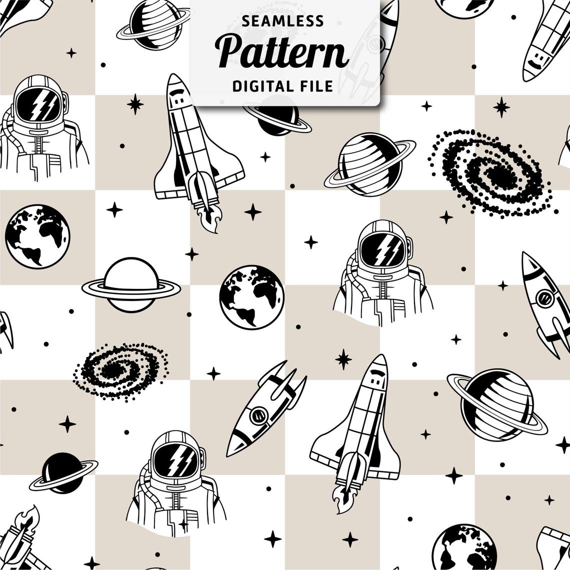 Space Astronaut Seamless Pattern With a Checkered Background. Galaxy ...