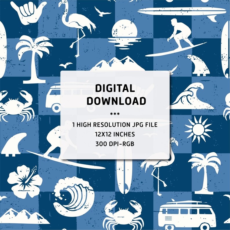 Retro Surf Seamless Pattern: Tropical Beach Vibes (JPEG Digital File ...