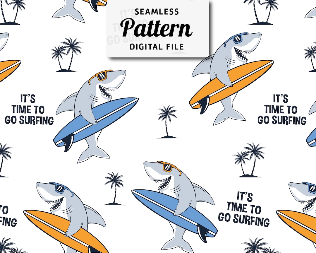 Surfer Sharks Seamless Pattern | Shark Seamless Repeat Design | Hand ...