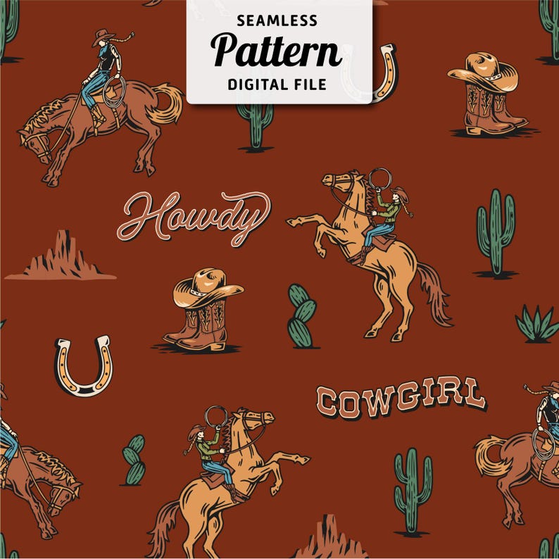 Cowgirl Western Seamless Pattern: Boho Repeat Design (digital Download ...
