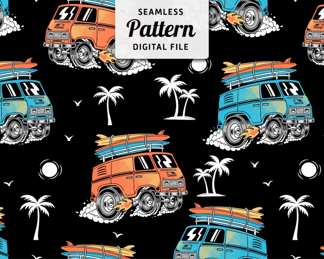 Surf Vans Seamless Pattern | Monster Car Seamless Repeat Pattern | Hand ...