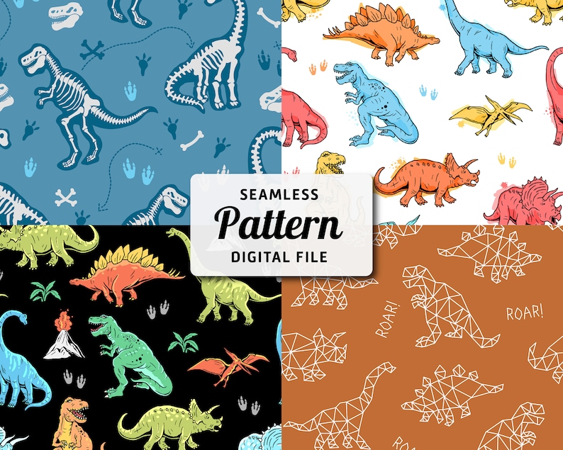 Set of 4 Dinosaur Seamless Pattern Dinosaurs Seamless Repeat Pattern ...