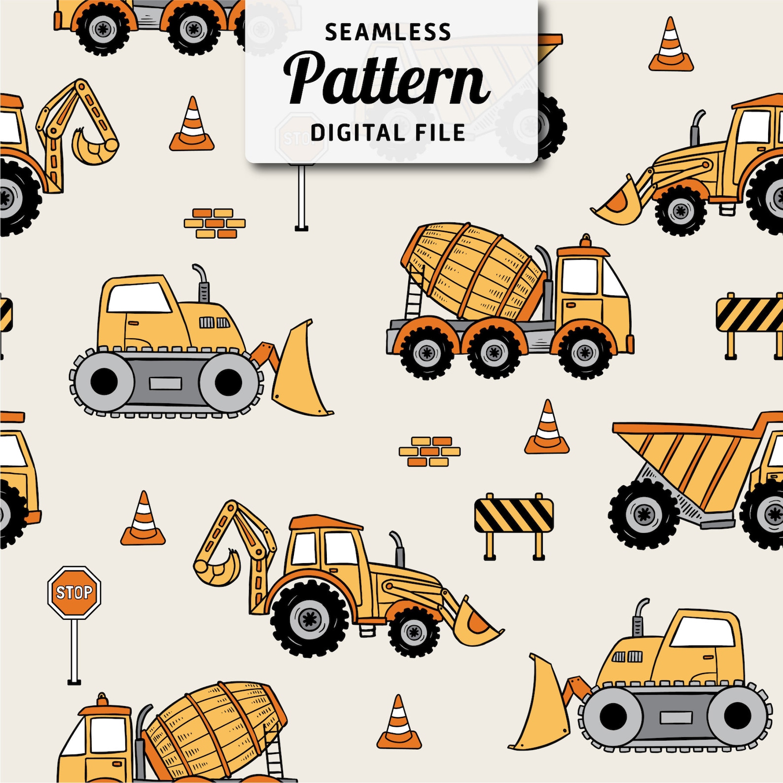Construction Vehicle Seamless Pattern Excavator Seamless Repeat Design ...