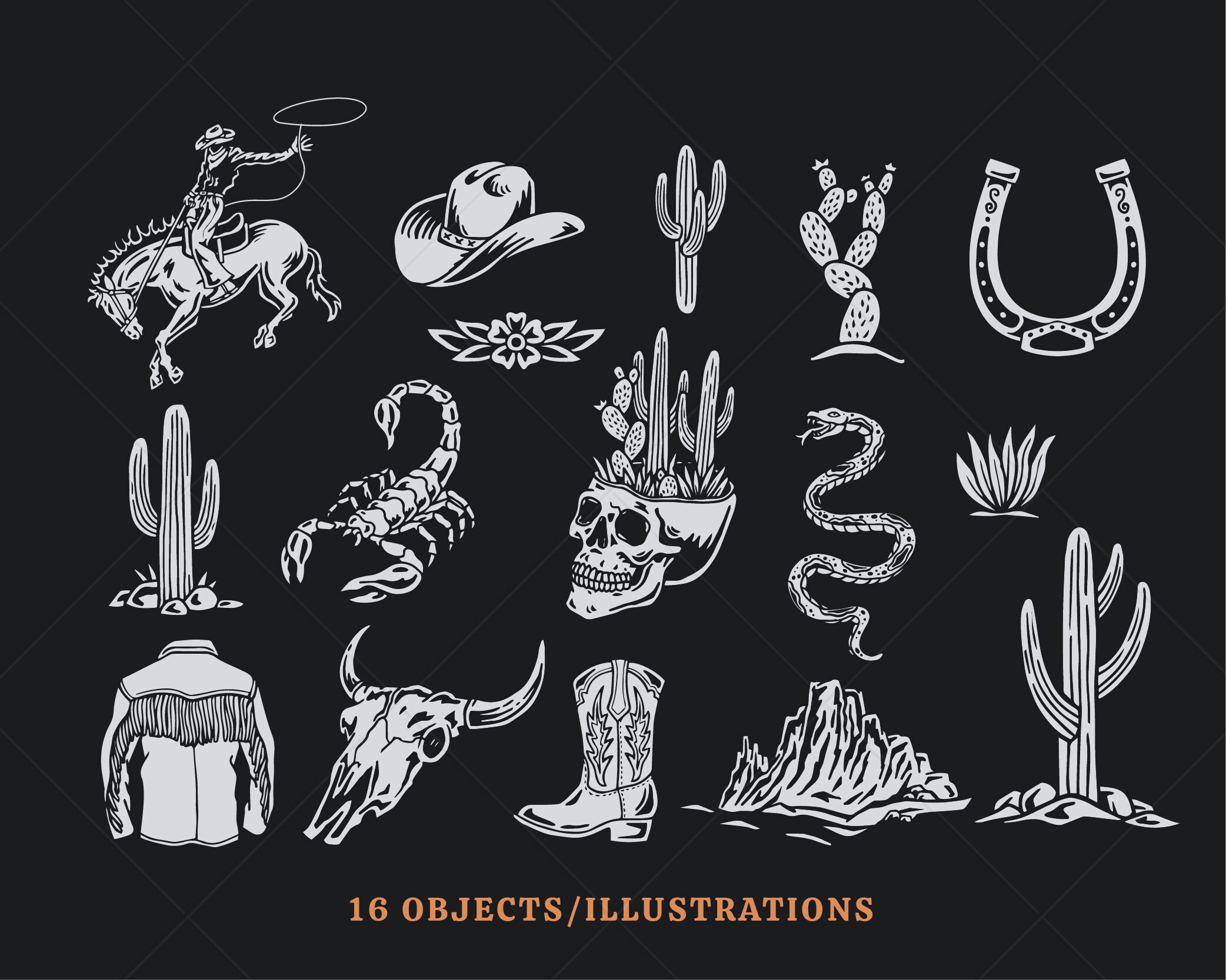 Western Vector Illustrations, Cowboy, Skull, Cactus, Cow Head, Instant ...