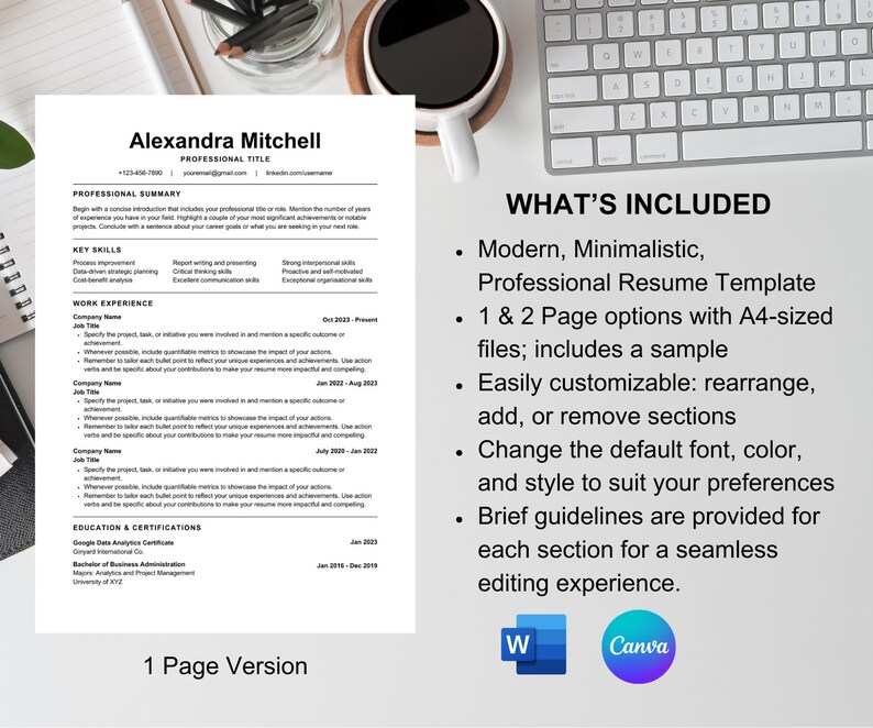 Minimalist Professional Resume Template | Canva, Word Doc - Etsy