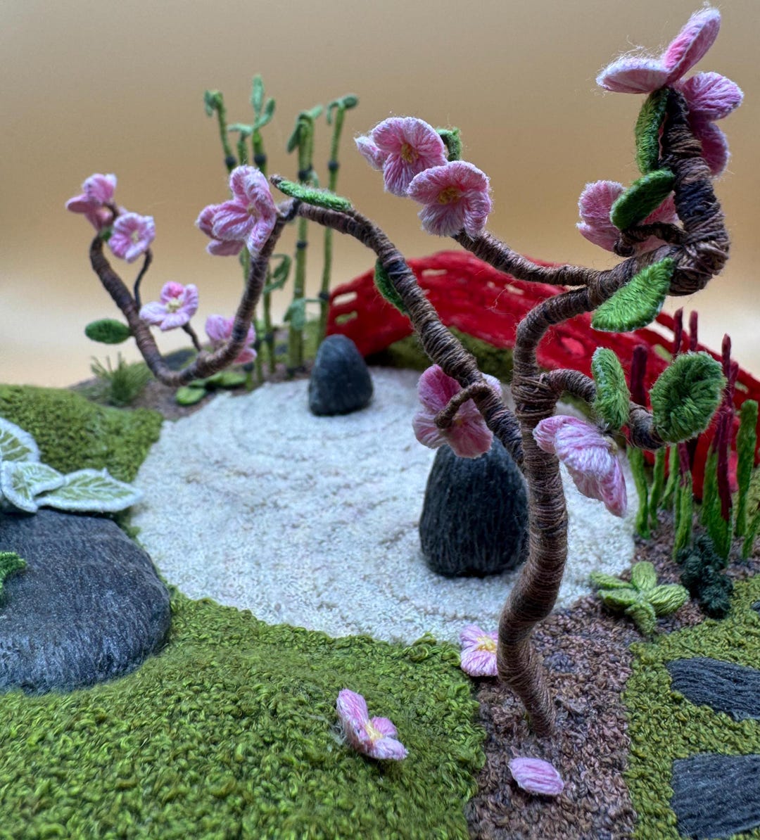 Hand Embroidered Zen Garden on Wooden Tree Base –unique Japanese Garden ...