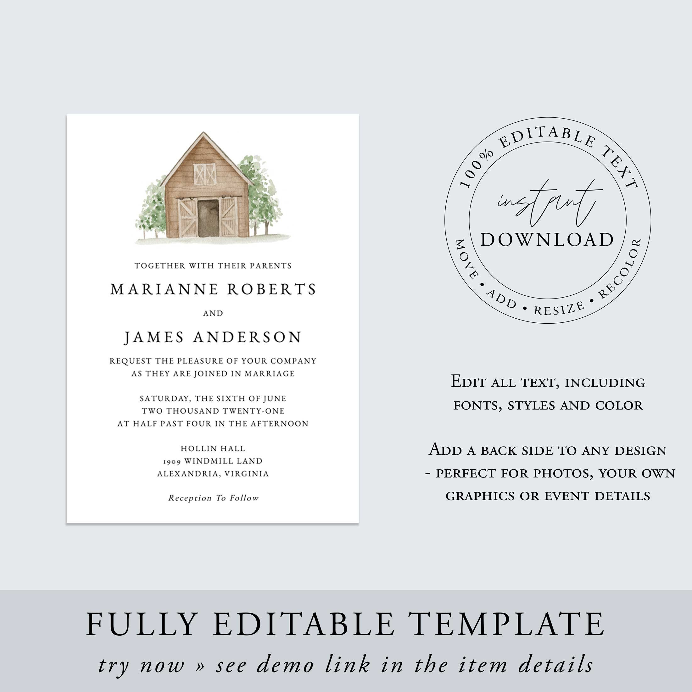 Barn Wedding Invitation Template, Printable Rustic Barn Wedding ...