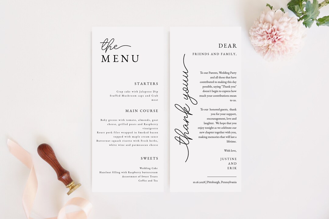 Modern Menu and Thank You Card, Wedding Menu Card, Napkin Note Thank ...