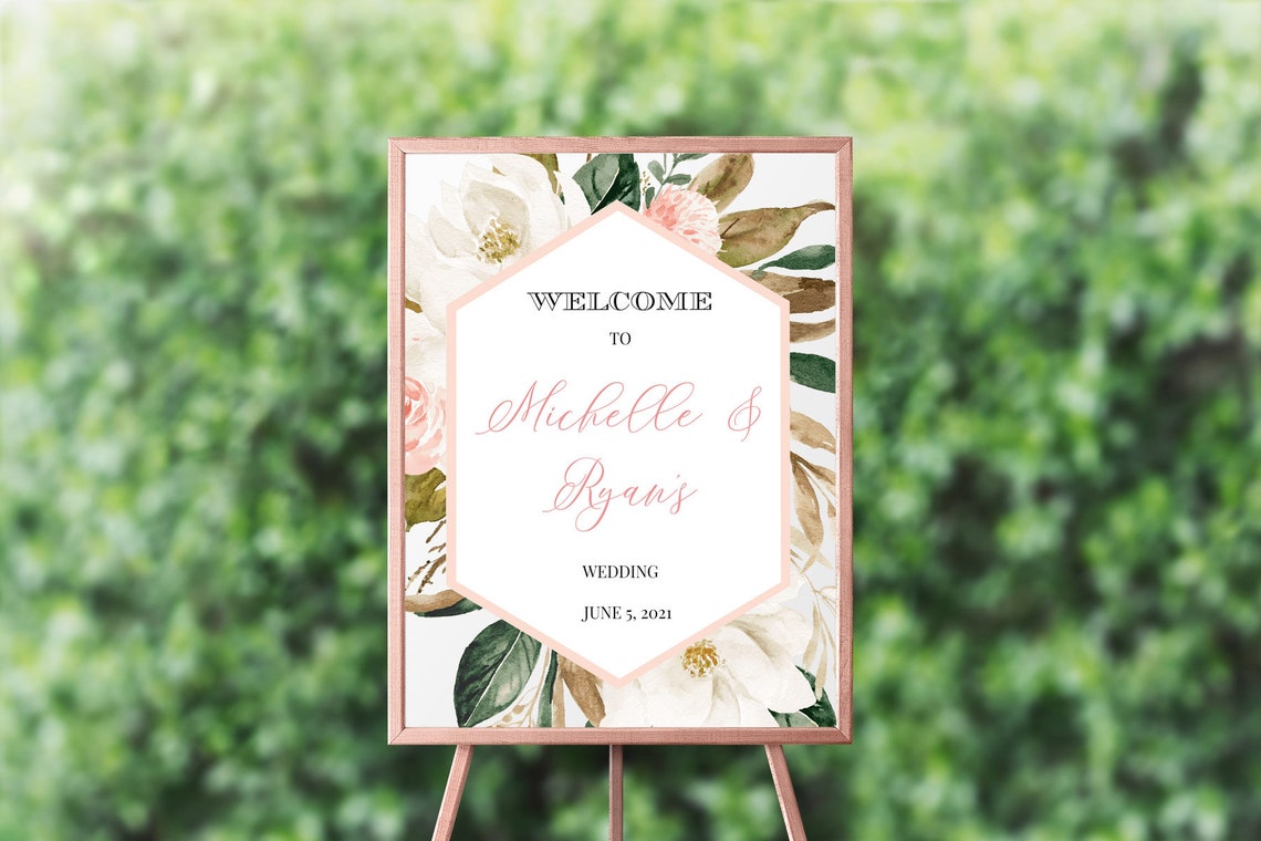 Magnolia Welcome Sign Template for Wedding or Bridal Shower, Blush ...
