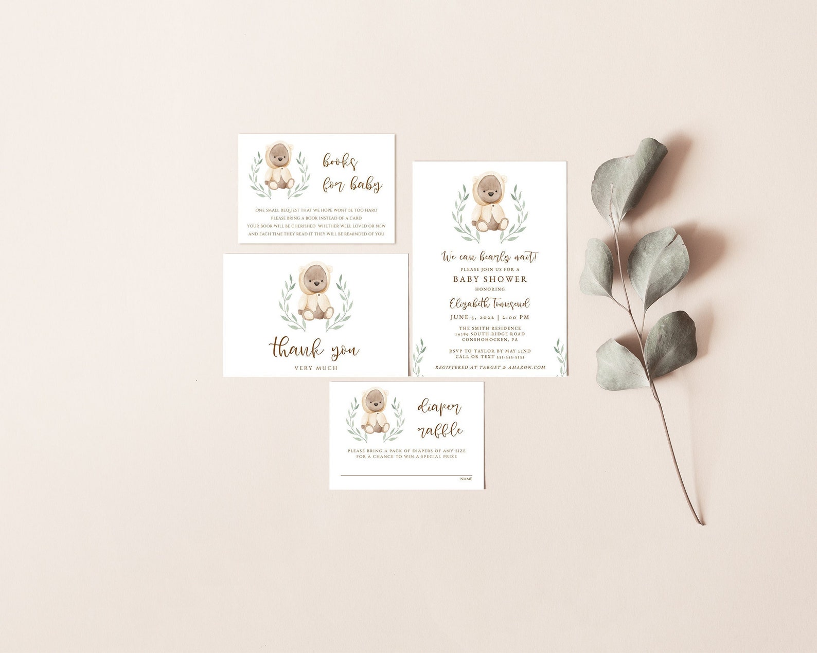 Boho Baby Shower Invitation Bundle Template, Teddy Bear Baby Shower ...