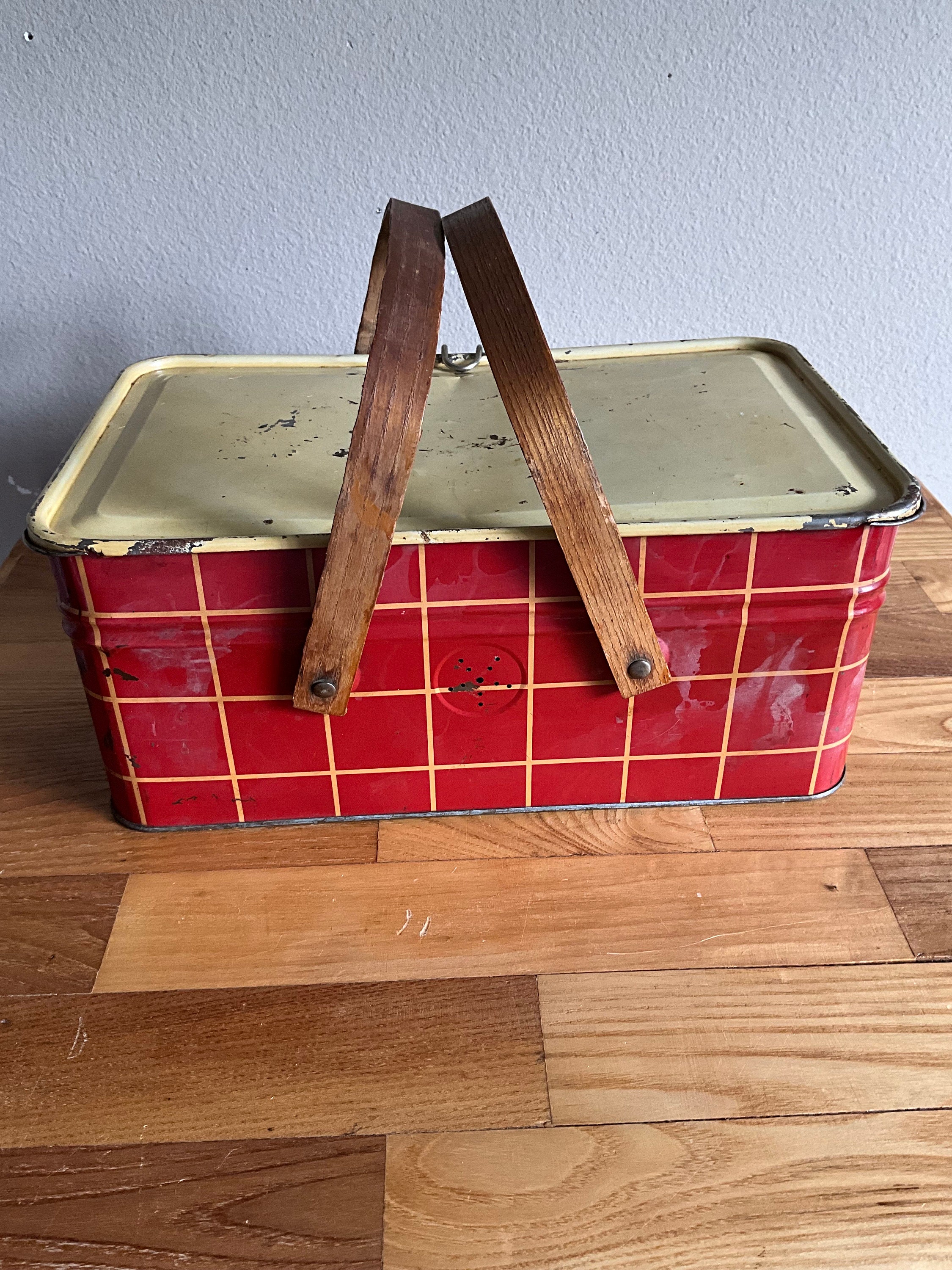 Vintage Red Plaid Metal Lunch Box/basket With Wooden Handles - Etsy