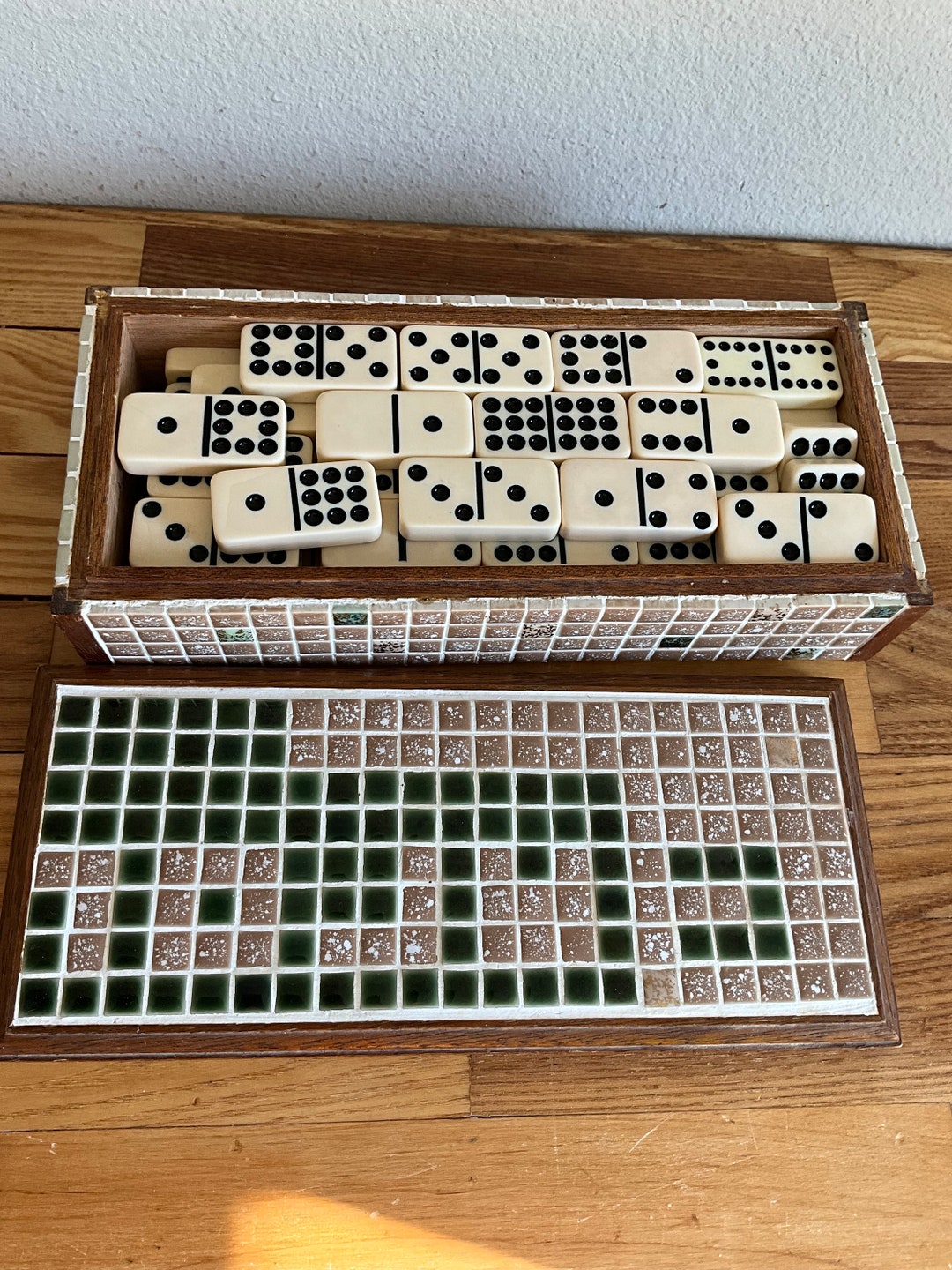 Vintage Dominoes Set in Wooden Mosaic Tile Box - 56 Pieces - Etsy