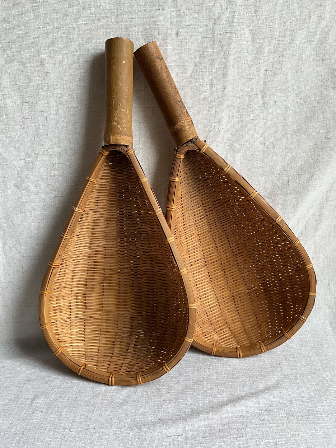 Vintage Mid Century Pair of Rattan Bamboo Handle Scoop Baskets - Etsy