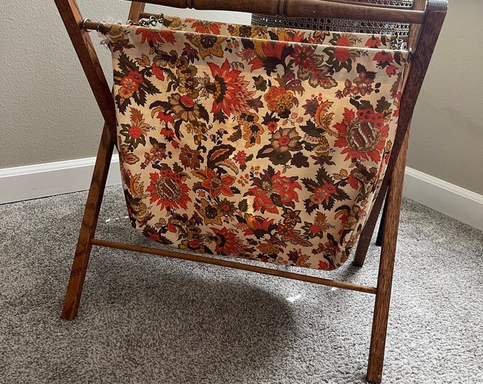 Vintage Folding Knitting Basket Yarn Caddy Stand Wood Frame Floral ...