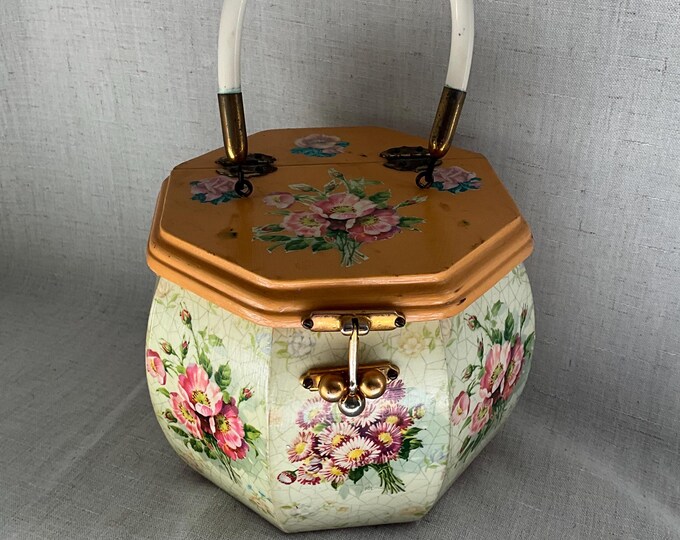 Vintage Wooden Octagon Floral Sewing Box With Handle - Etsy