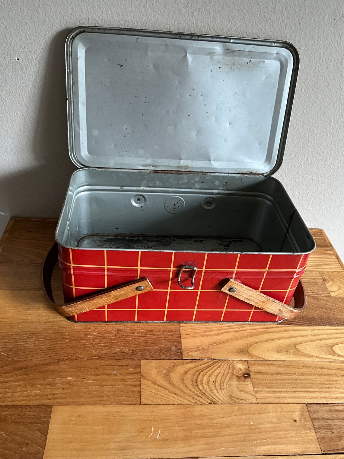 Vintage Red Plaid Metal Lunch Box/basket With Wooden Handles - Etsy