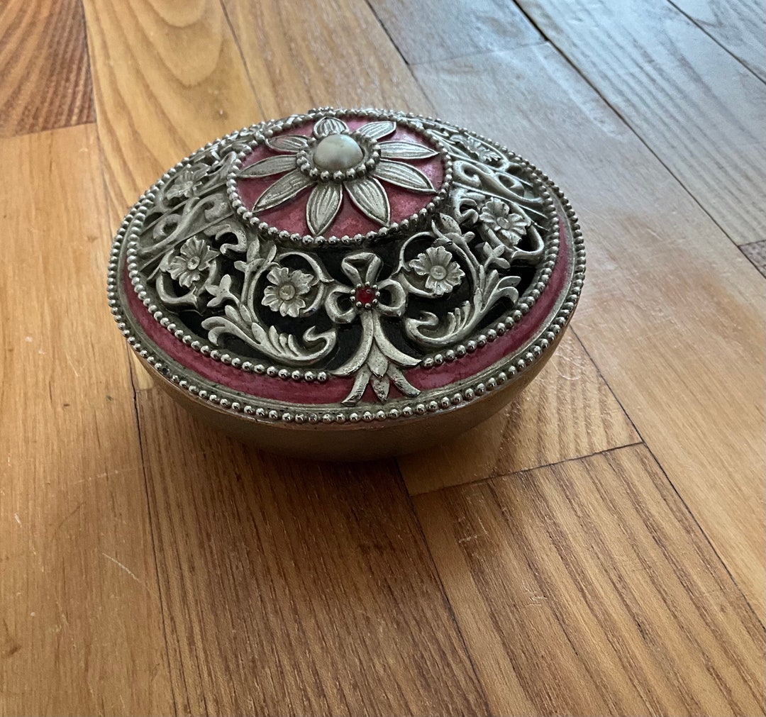 Vintage Round Silver and Pink Floral Metal Trinket Lidded Dish - Etsy