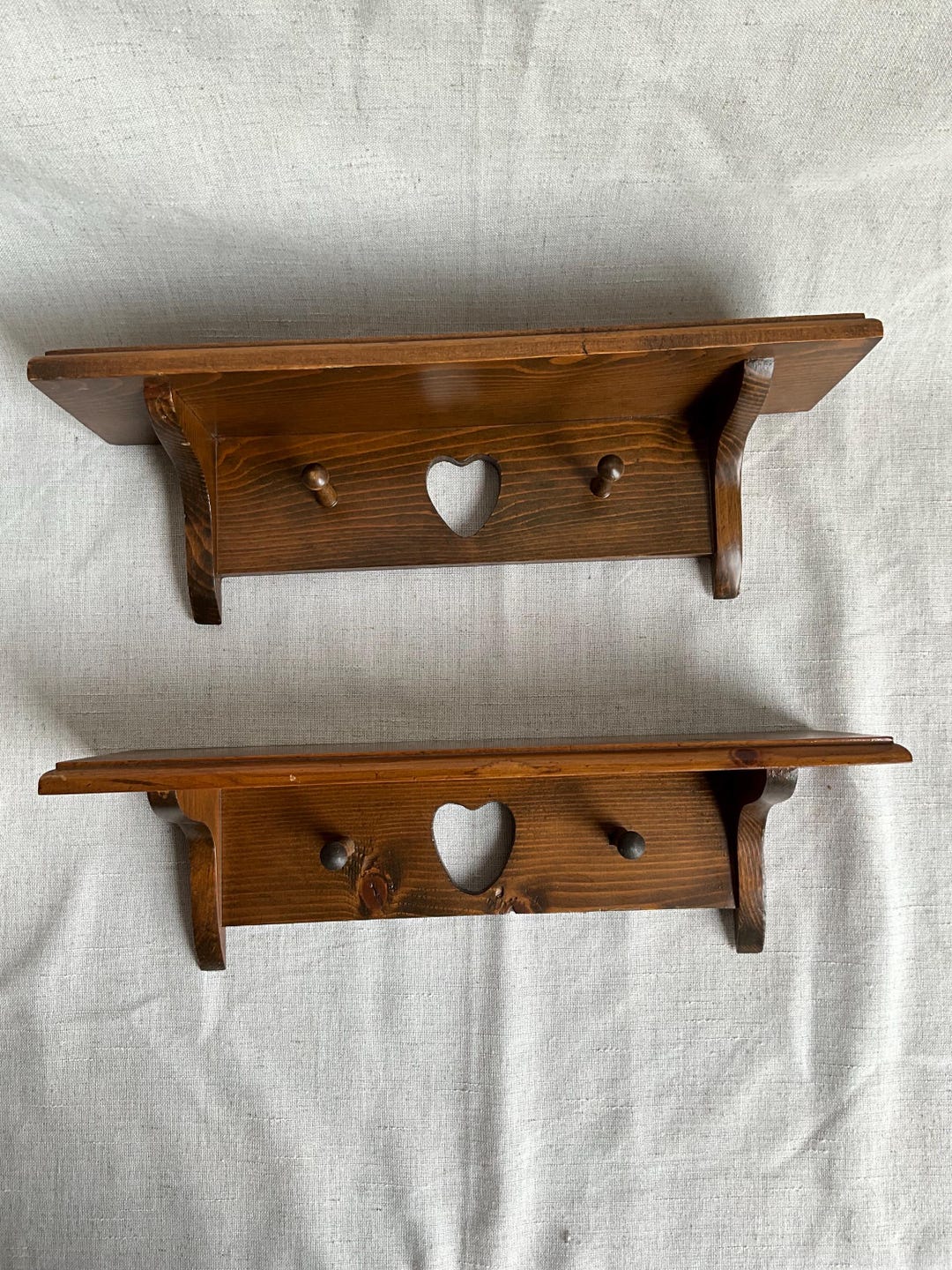 Vintage Pair of Small Wooden Shelves With Hooks Heart Cut Out Ready to ...