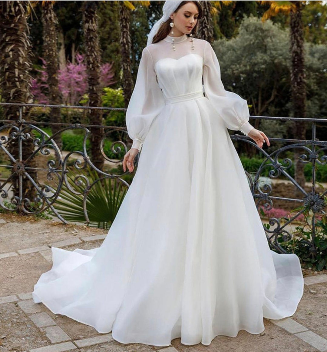 Long Sleeve Bridal Gown Modest Wedding Dress Puff Sleeve - Etsy