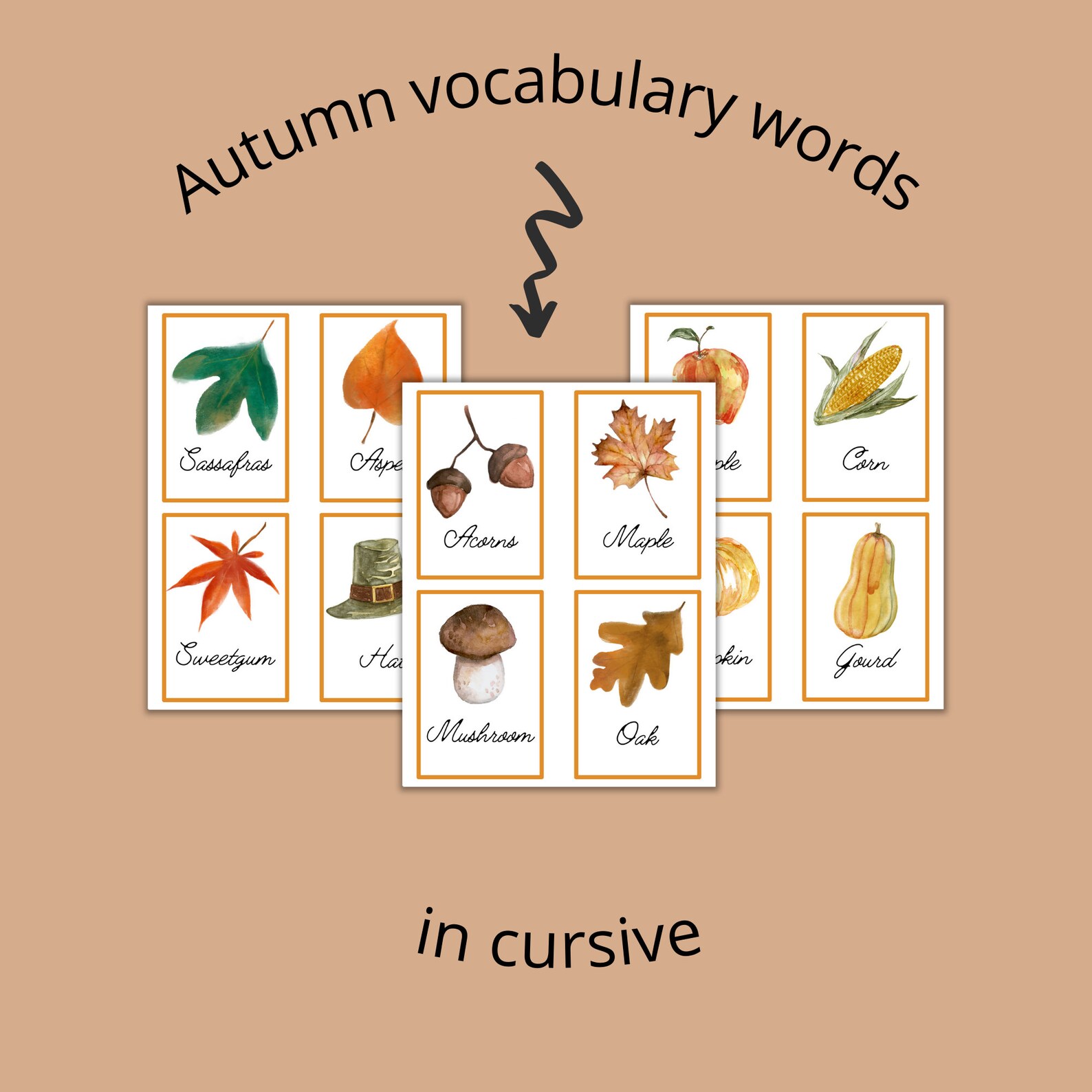 Autumn Vocabulary Flashcards, Cursive and Print, Homeschool, Preschool ...