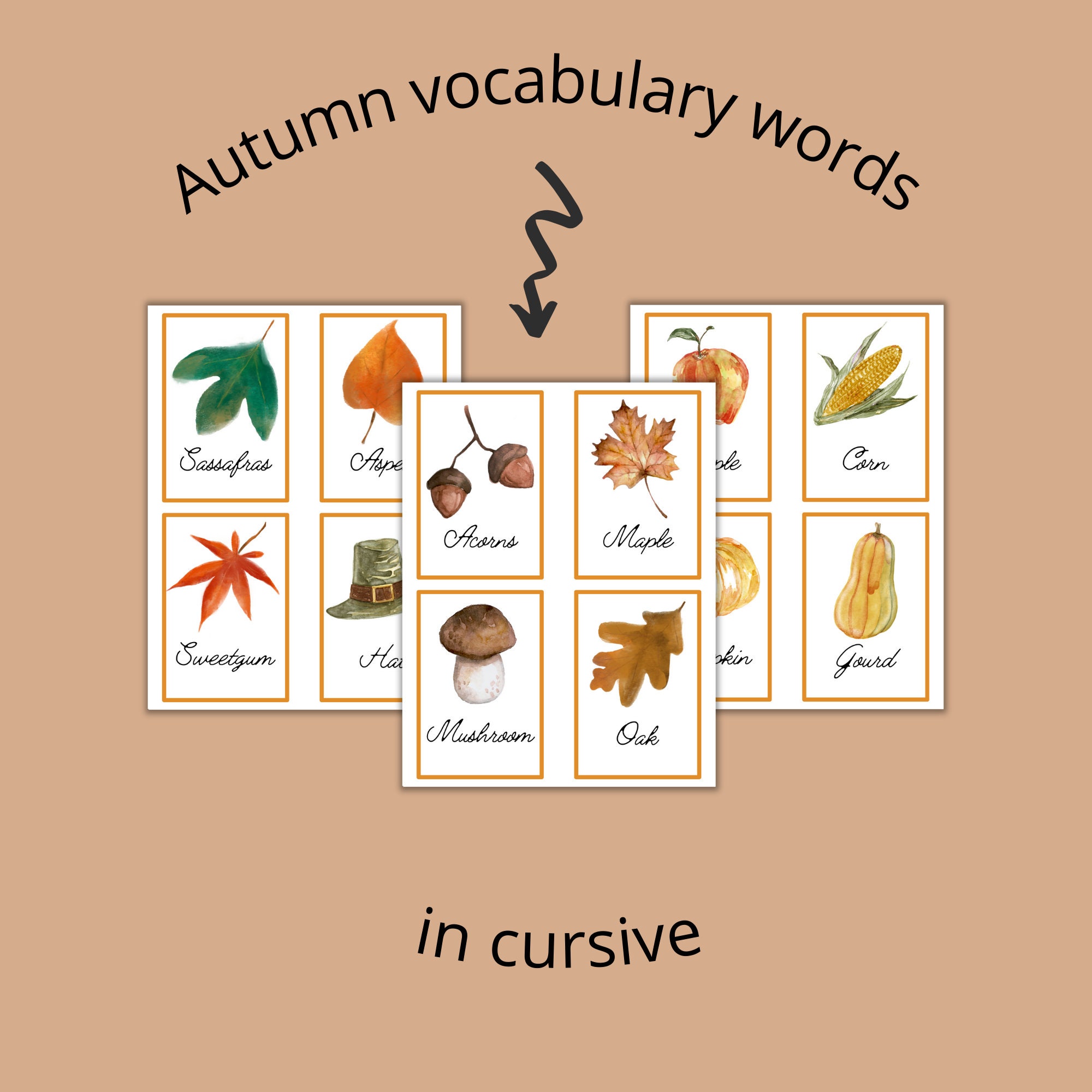 Autumn Vocabulary Flashcards, Cursive and Print, Homeschool, Preschool ...