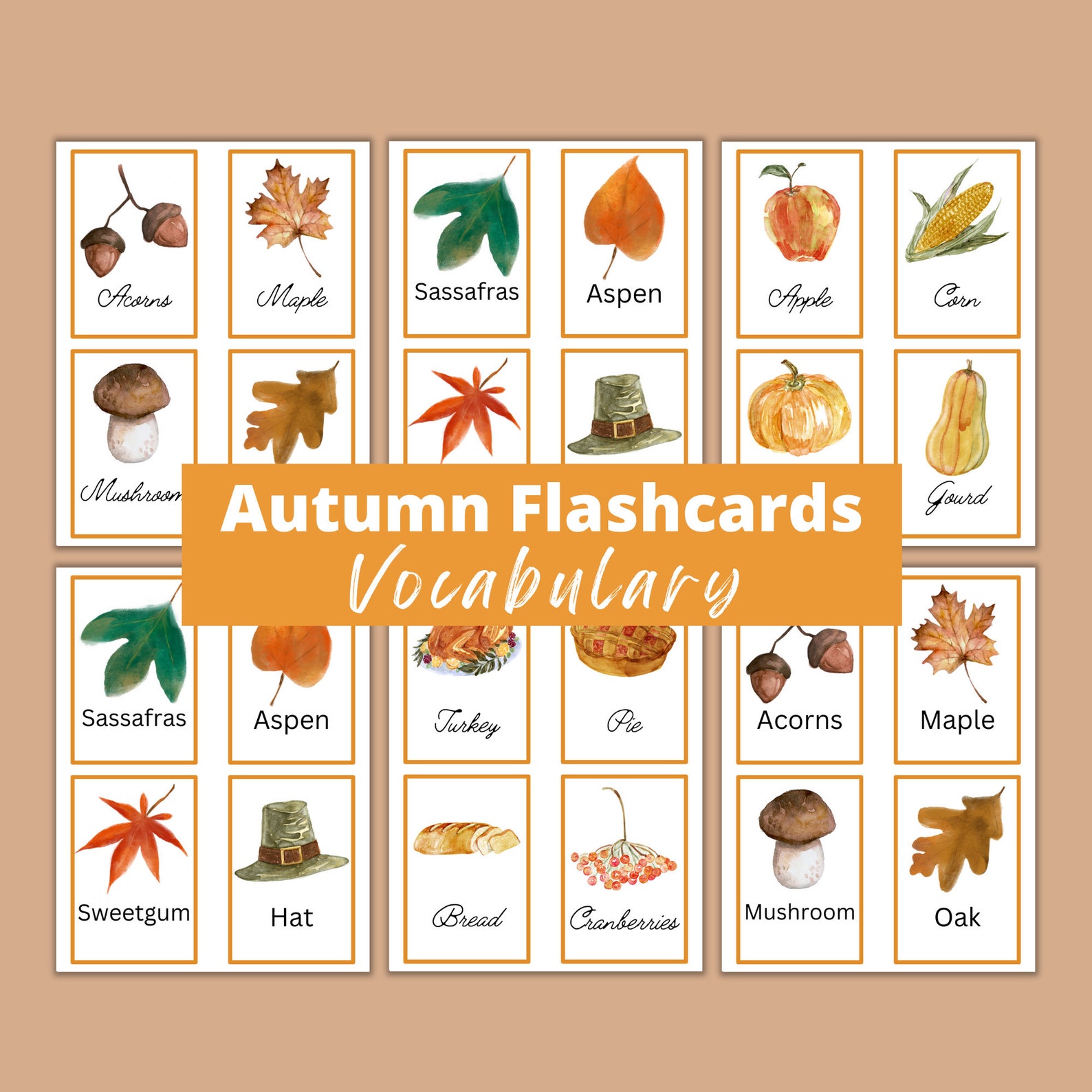 Autumn Vocabulary Flashcards, Cursive and Print, Homeschool, Preschool ...